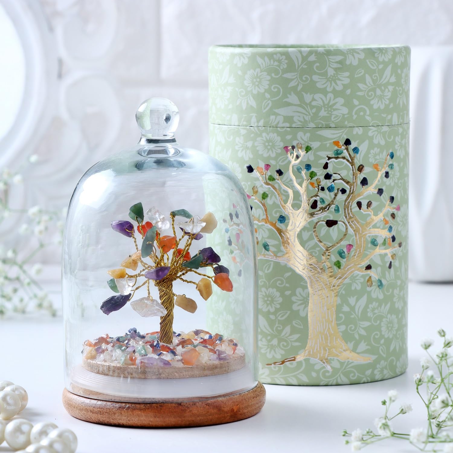 Buy 7 Chakra Crystal tree in Glass dome and Gift Box | Healing Crystals ...